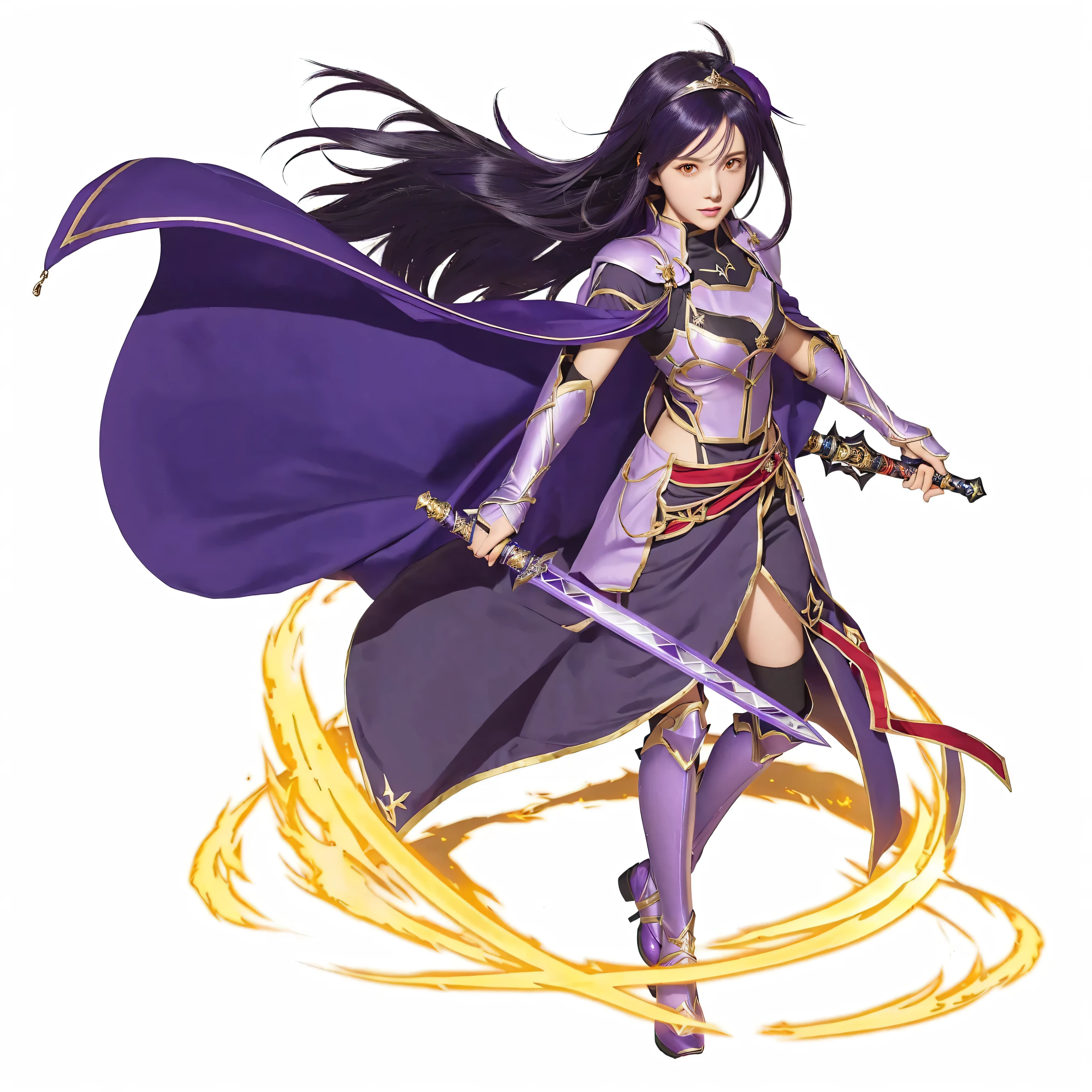 A woman in a purple outfit holding a sword and a purple cape - SeaArt AI
