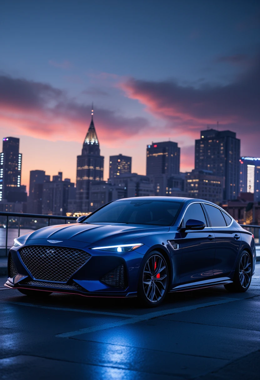 "A stunning 2025 Genesis G70 sports sedan in deep metallic sapphire blue - SeaArt AI