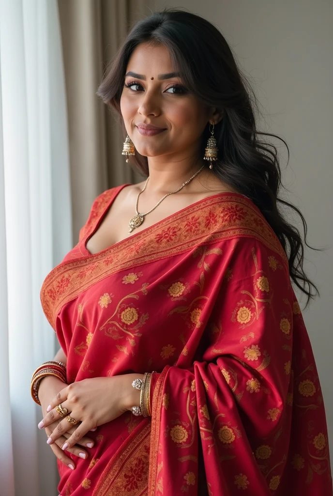 24-year-old stunning plus-size Indian woman in red printed saree in ...