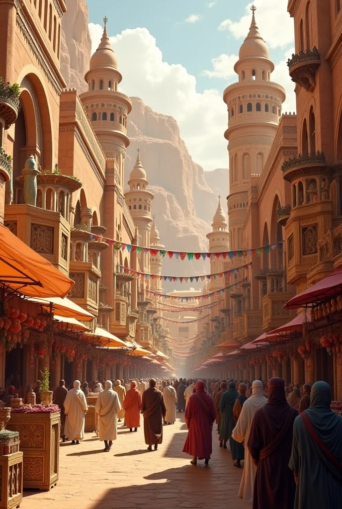 Ancient Mecca in the 7th century, bustling with people, showcasing the ...