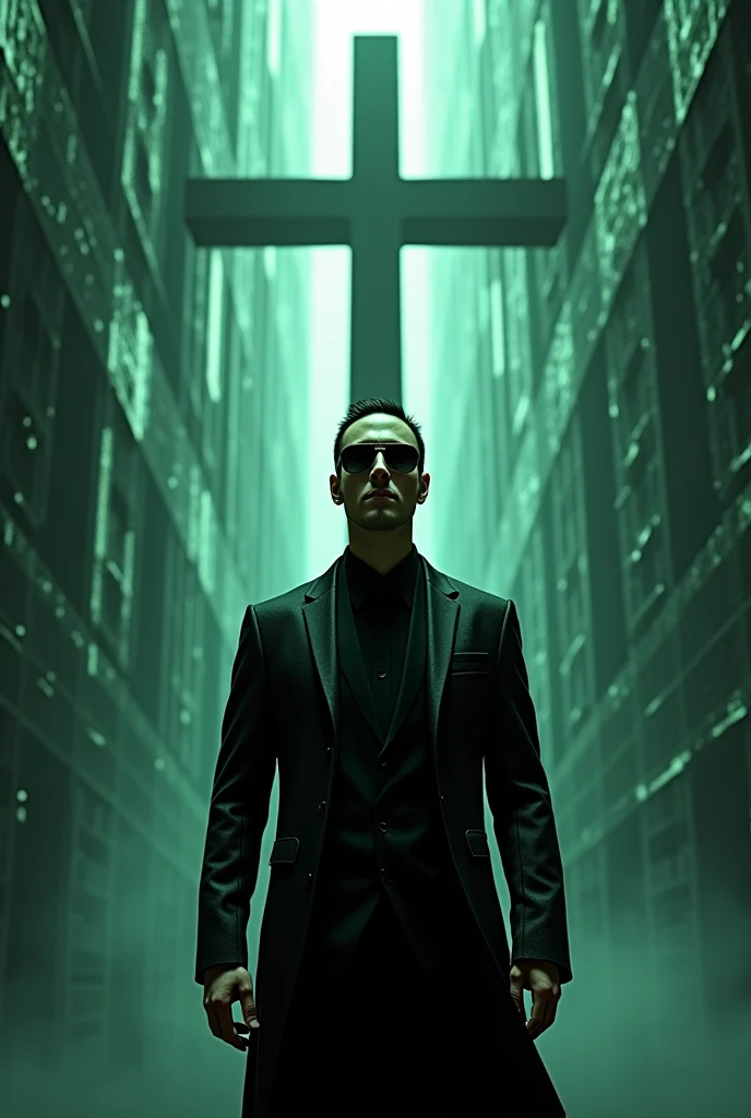 A man in the Matrix with the cross in the background - SeaArt AI