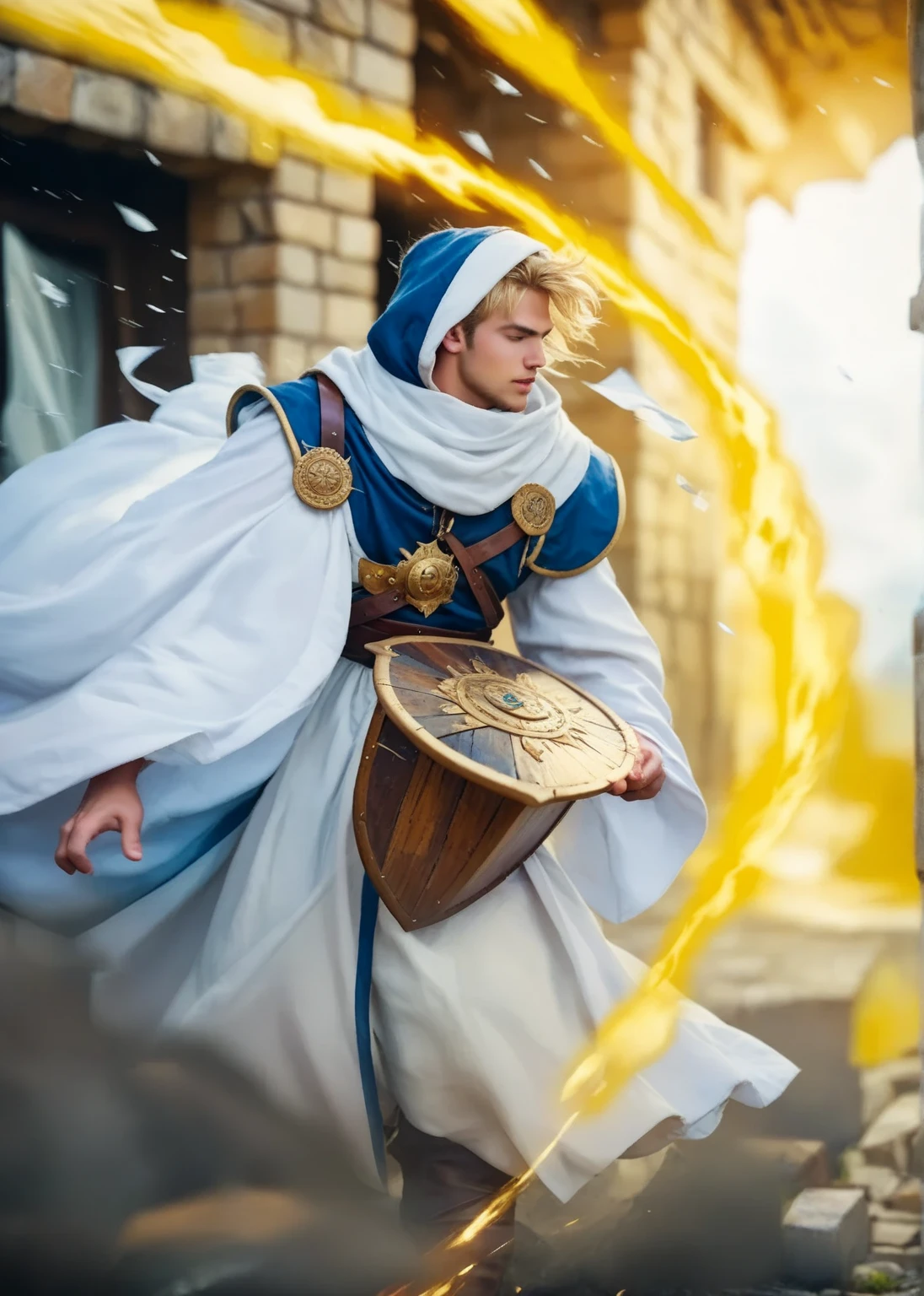 A male healer in a simple white robe, floating inside a powerful ...