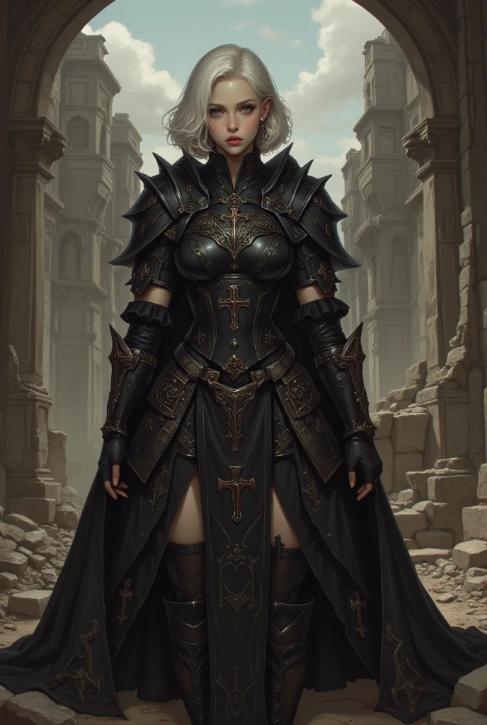The image portrays an imposing warrior with a striking presence and a ...