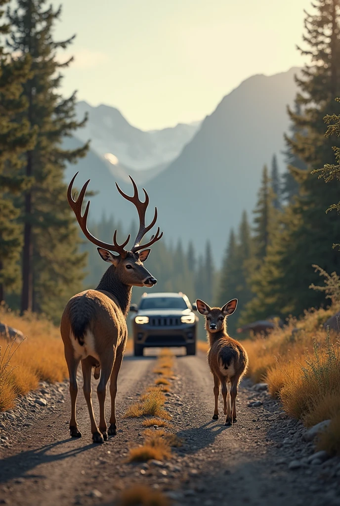 A highly detailed and realistic scene of two deer standing on a rugged ...