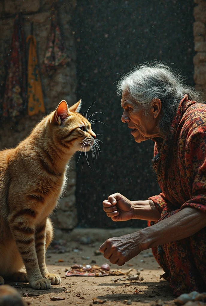 A cat and old indian lady had fight - SeaArt AI