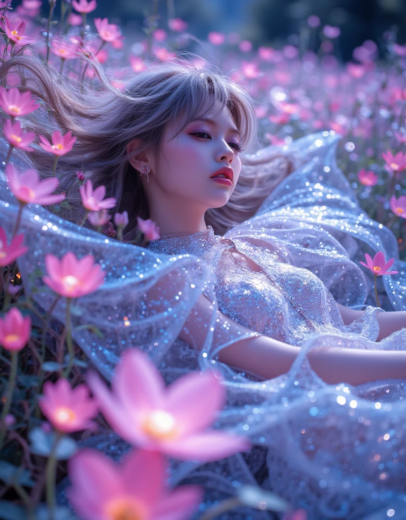 Fantasy, beautiful princess , tiara、 dress、Fluffy sleeping in a large ...