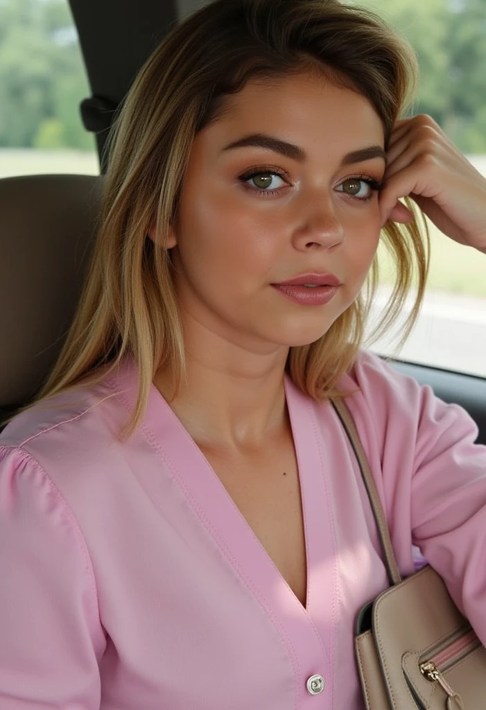1 Close-up of a woman wearing a pink shirt and bag, Anna Nikonova ...