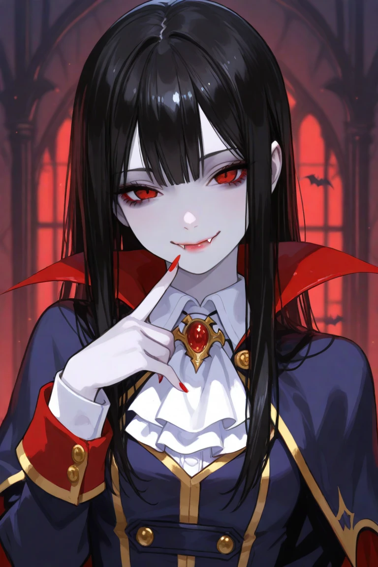 Anime girl, vampire, pale skin, long black hair, cute, devious smile ...