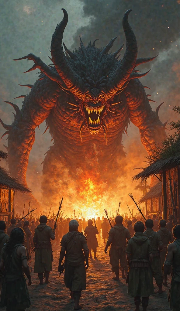 The villagers unite and set the demon on fire. Flames engulf the demon ...