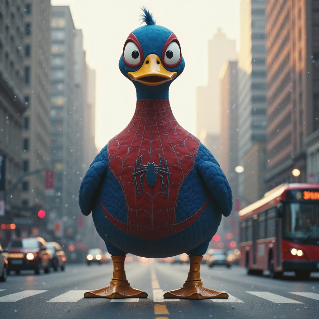"A giant duck with Spider-Man's costume, including red and blue colors ...