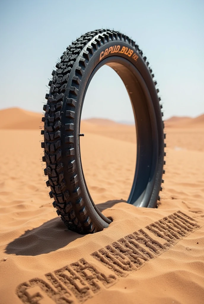 A rugged, high-performance bike tire standing tall on a sandy desert ...