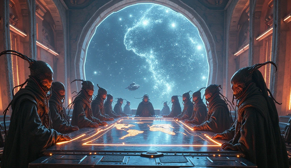 A grand alien war council chamber inside a massive, glowing structure ...