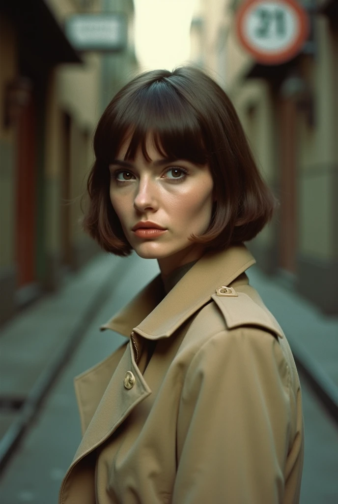 “Retro realistic photograph of a woman with short, straight brown hair ...