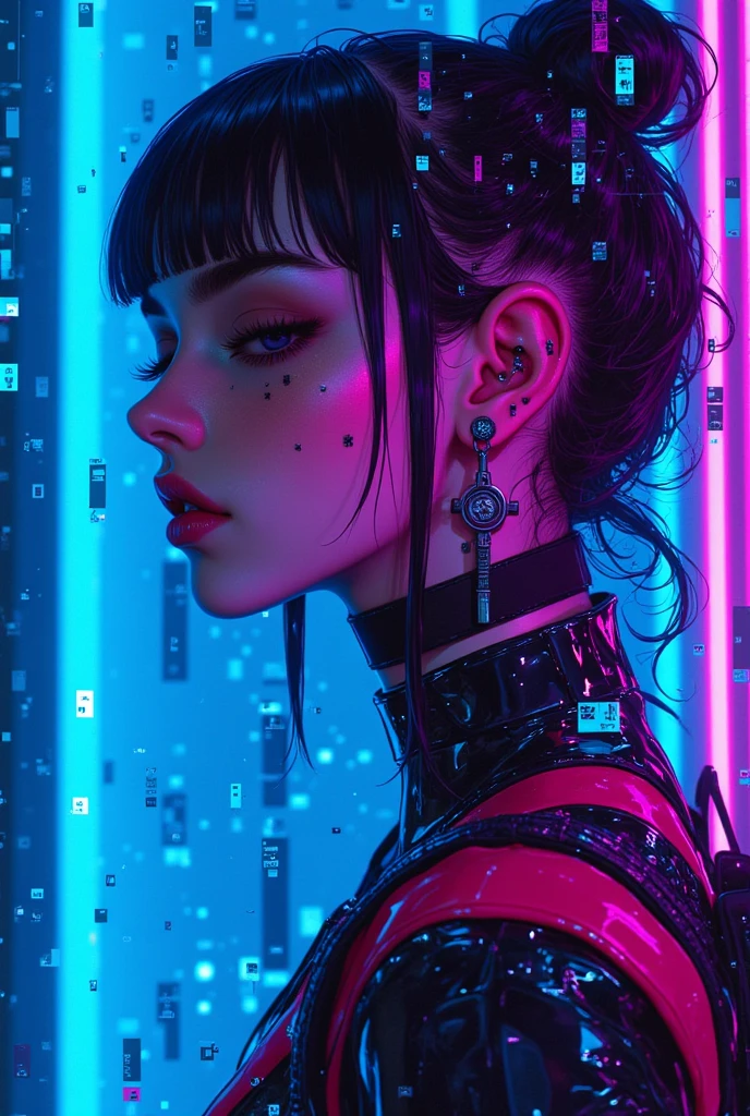 A sleek, futuristic woman with neon-lit cybernetic implants, partially ...