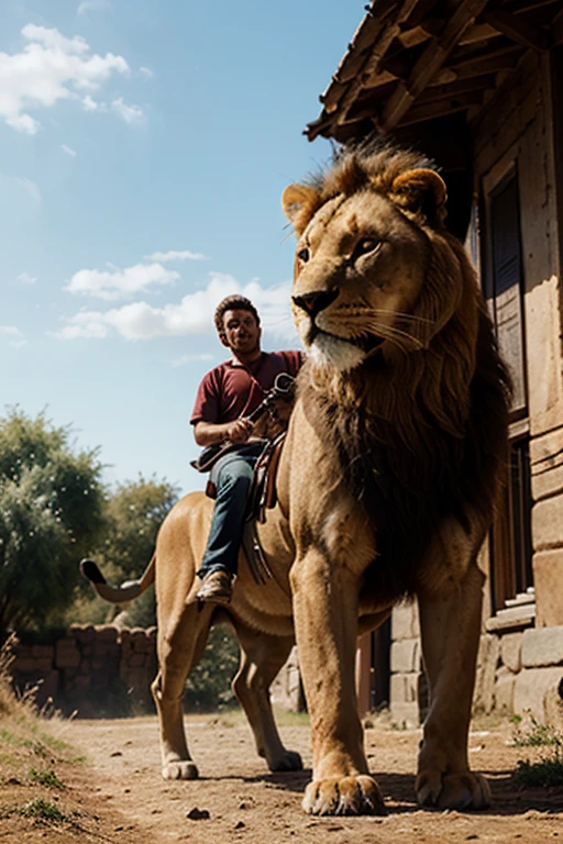 Animated image of a man riding a realistic giant lion - SeaArt AI