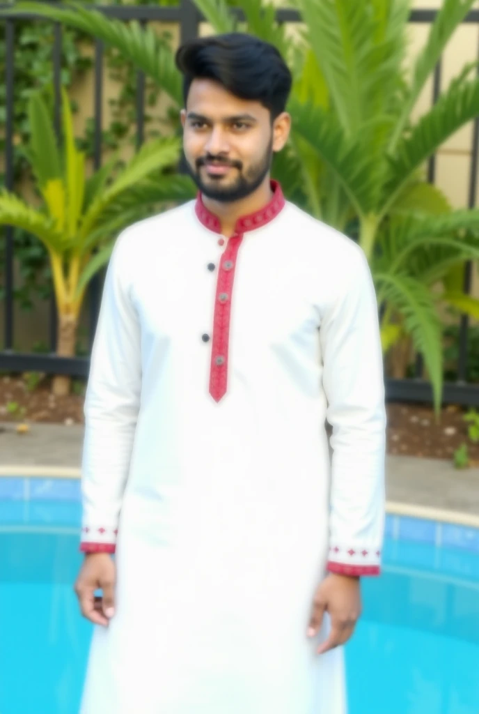 "A young man with neatly styled hair and a well-groomed beard is ...