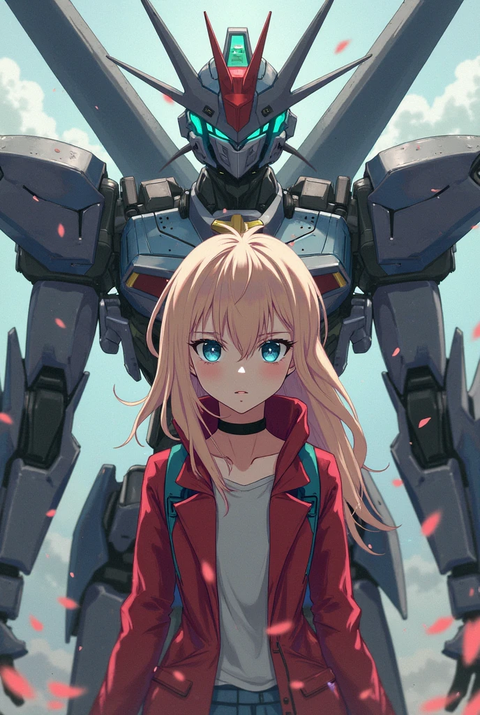 Mecha Robot and girl,blonde hair,pink hair, blue eyes, multicolored ...
