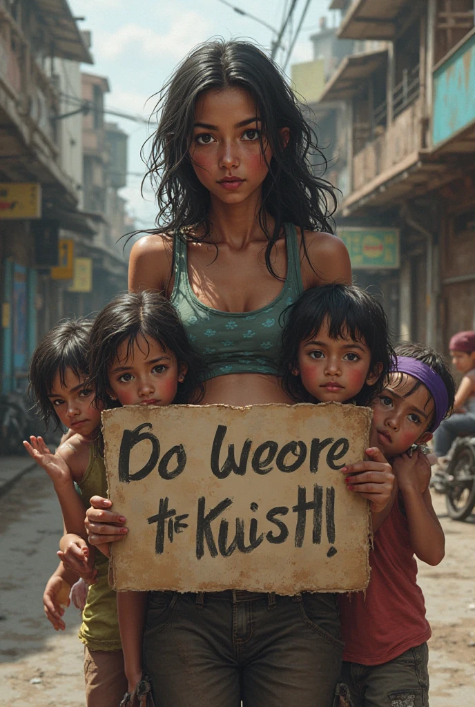 young female filipino beggar with 4 ren and pregnant. Malnourished ...