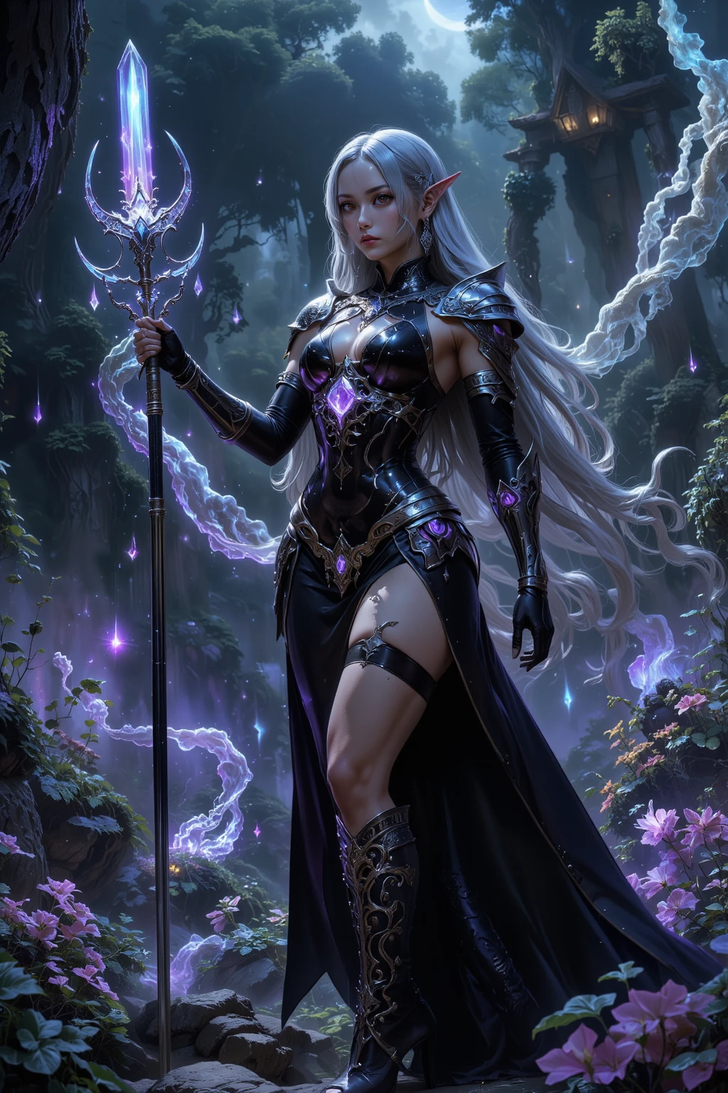 Full-body DSLR photo of a night elf Asian girl, standing in a battle ...