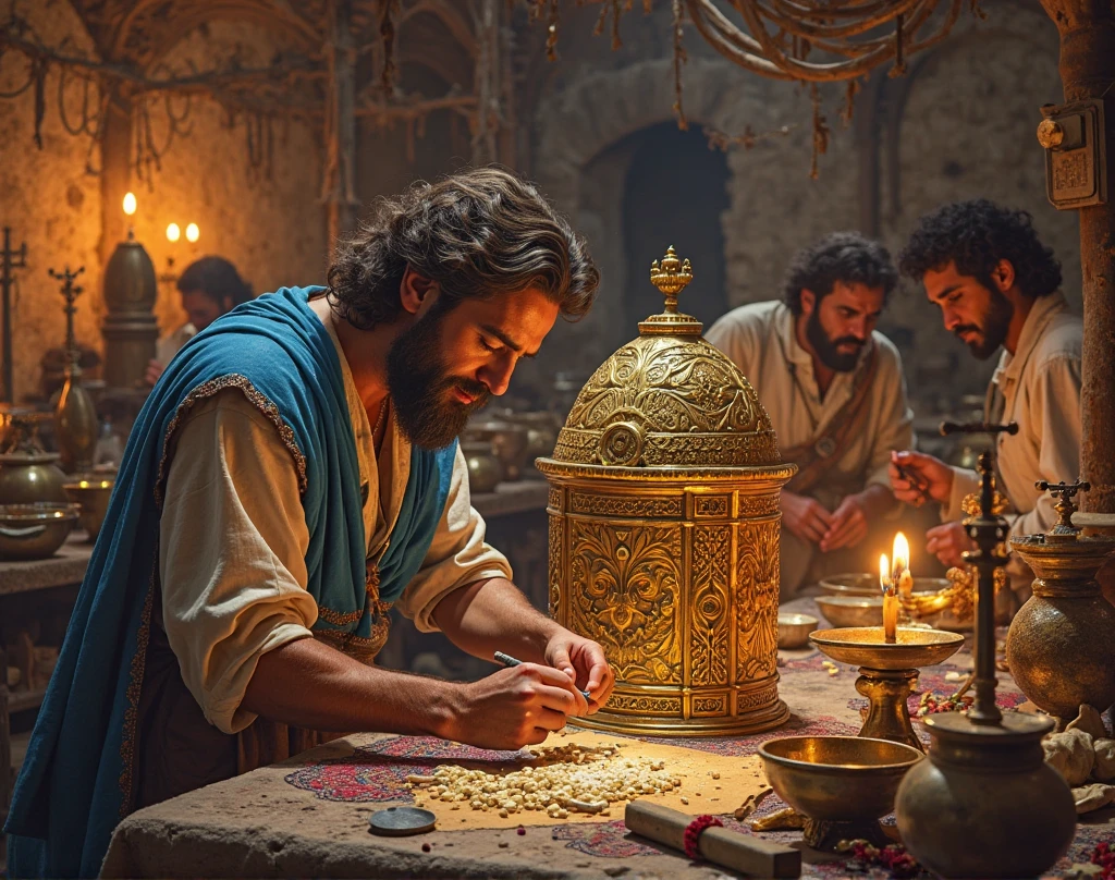 "A bustling ancient workshop filled with Hebrew artisans crafting the ...