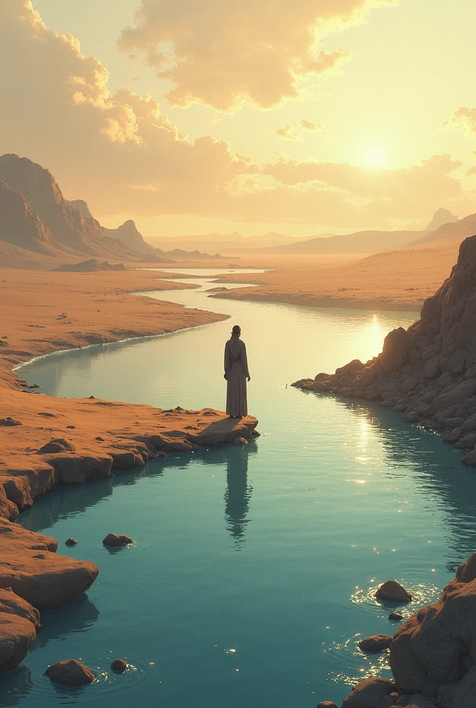 A LOIN STAND A WATER RIVER and see water river with cry in desert and ...