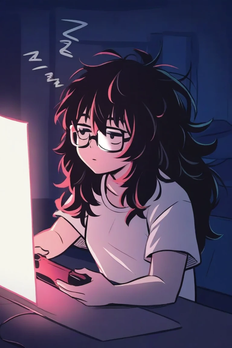 Nerd girl playing games in a dark room, messy hair, wearing square ...