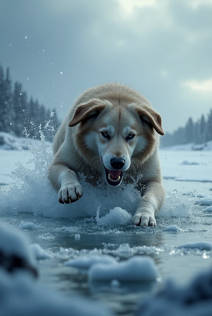 He looks up and sees a dog struggling in the icy water, its paws ...