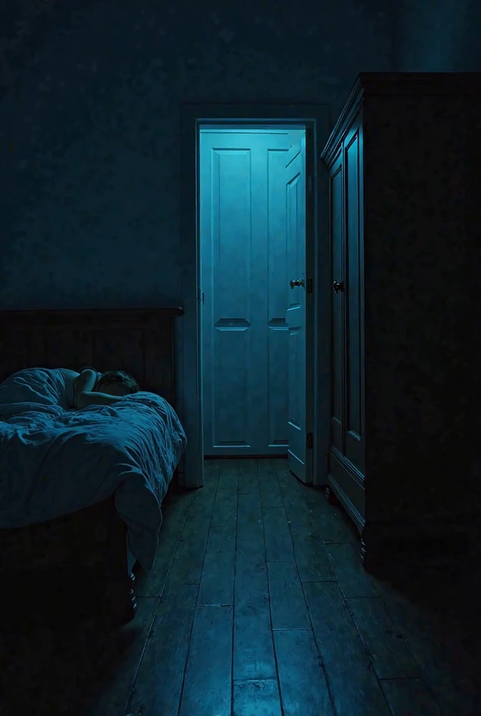 A dimly lit bedroom at night, viewed from a low perspective near the ...