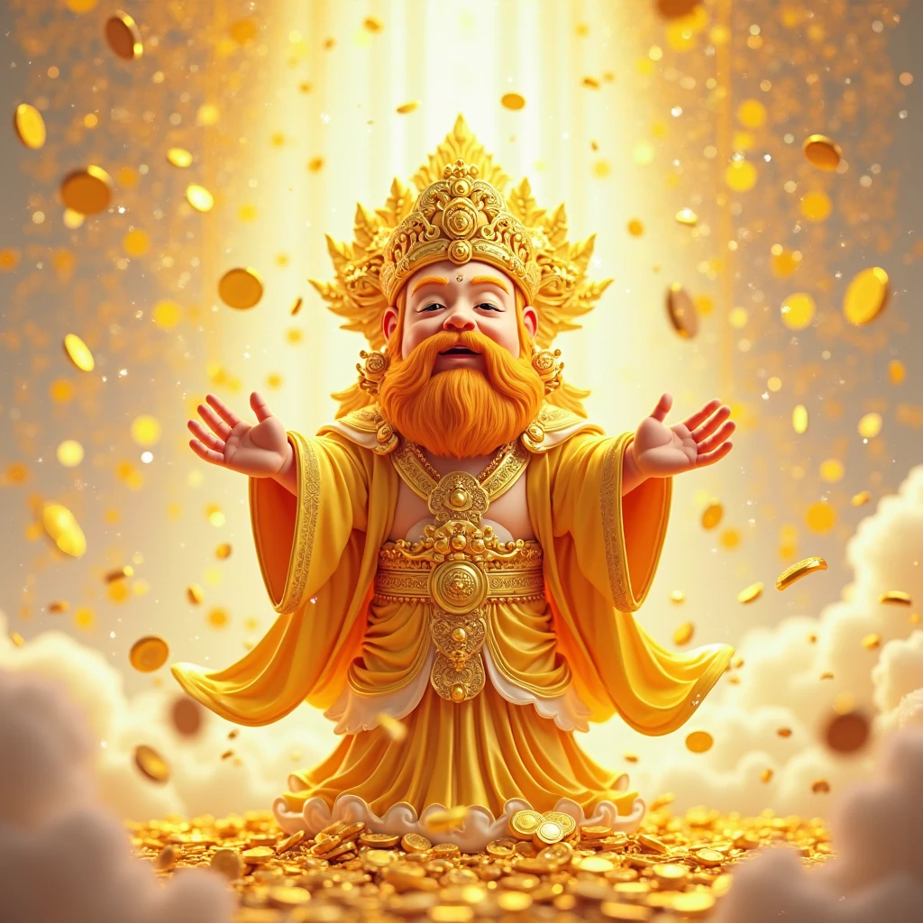 3D cartoon god of gold with the rain of gold coins white background ...