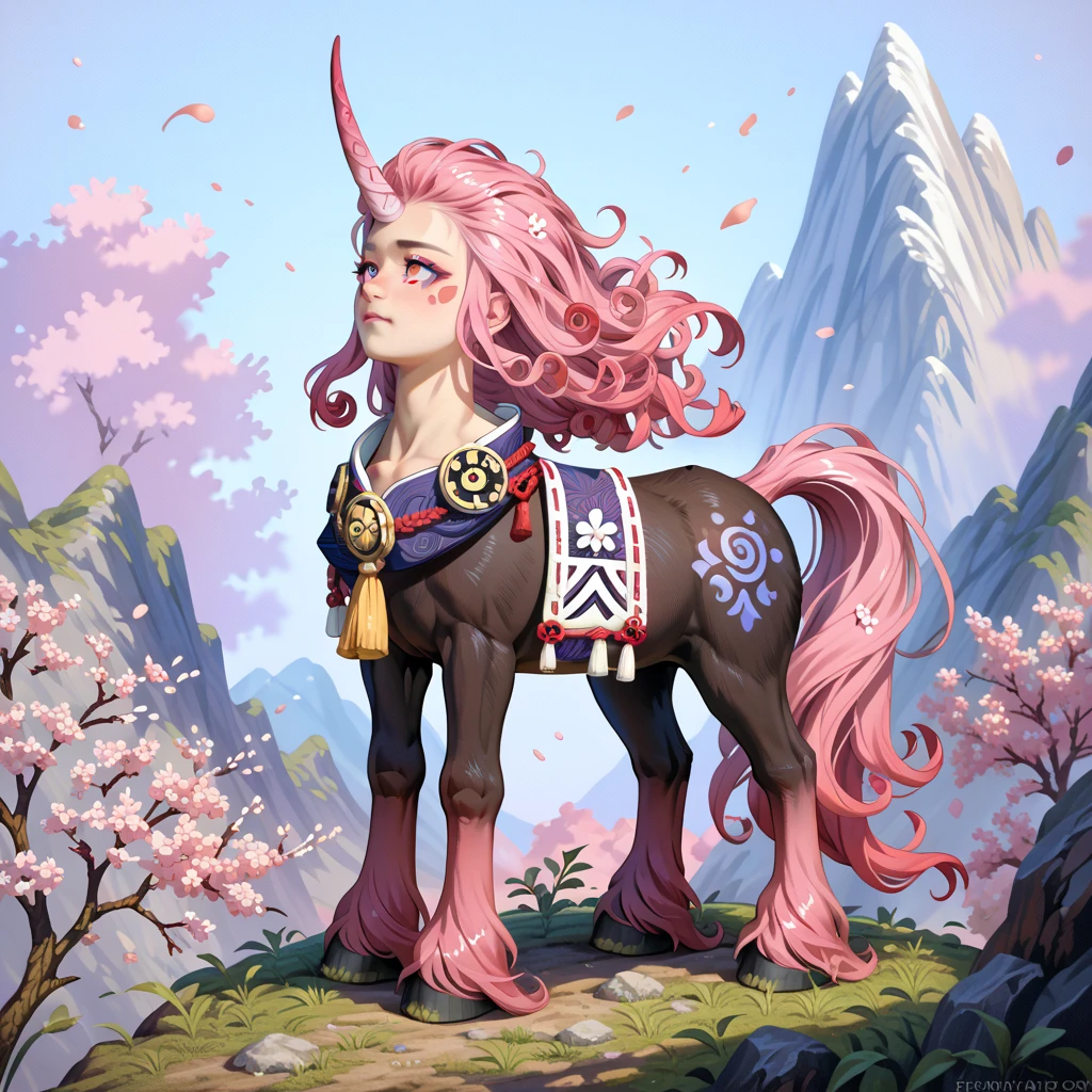 Anime - style illustration of a unicorn with a pink mane and horns ...