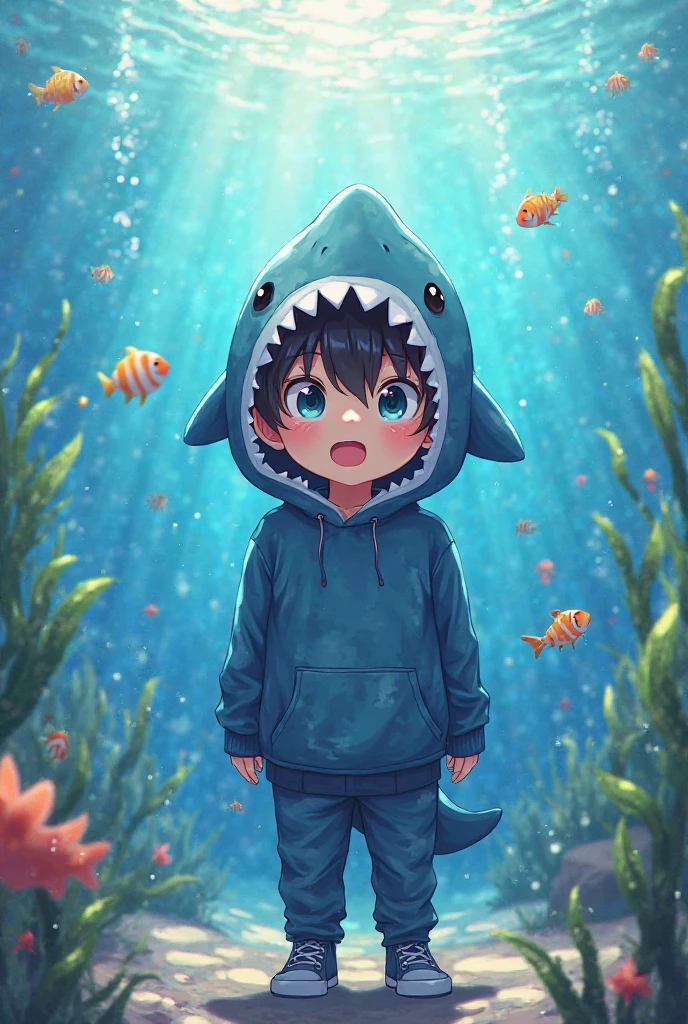 I want to make an anime boy shark background and shark hoodie - SeaArt AI