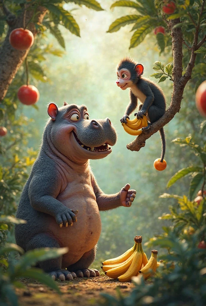scene : Kiboko, A colorful jungle with fruit trees, talks to Makala ...