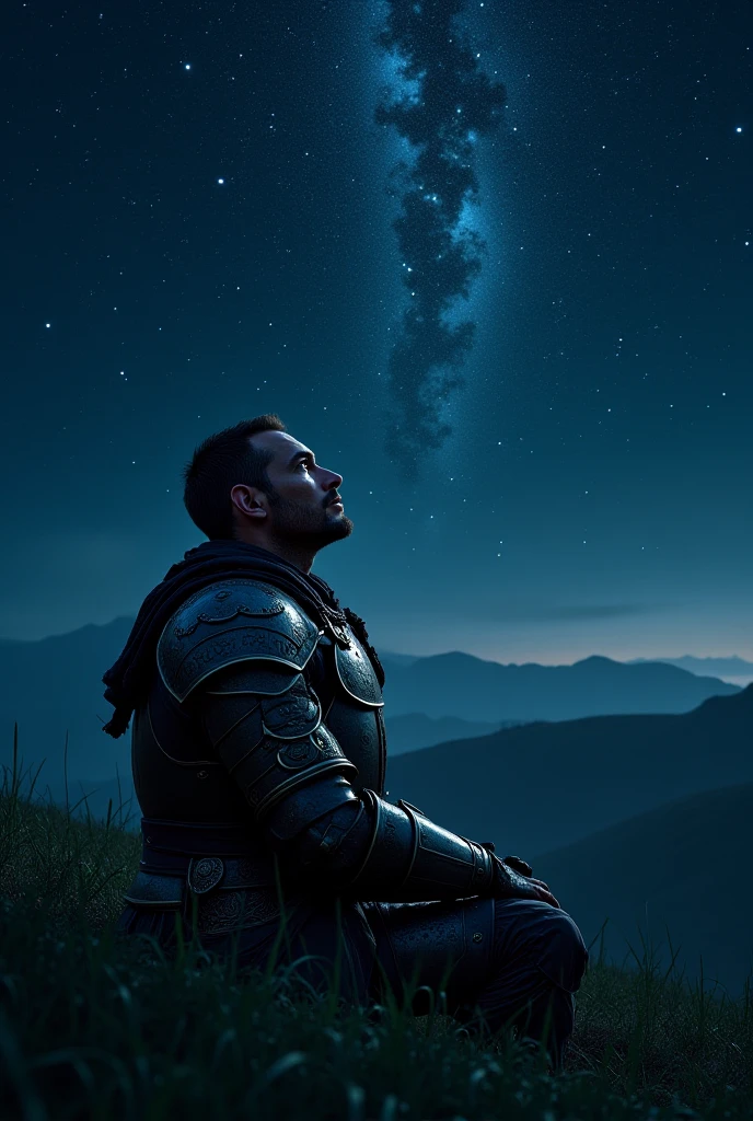 Create an armored warrior sitting in a field admiring a beautiful ...