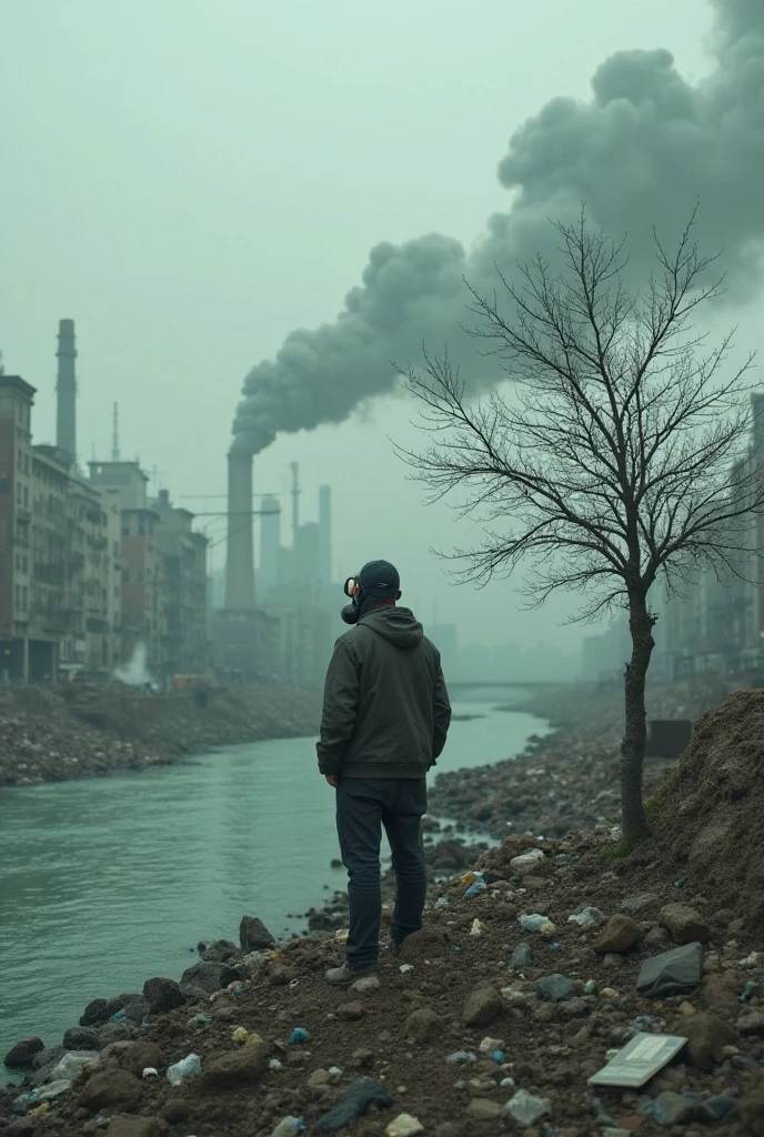 A dystopian cityscape covered in smog and pollution, with factories ...