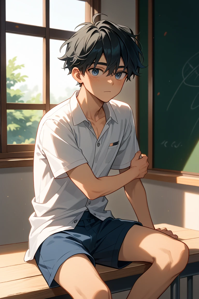 A elementary boy anime-style with short messy black hair and large ...