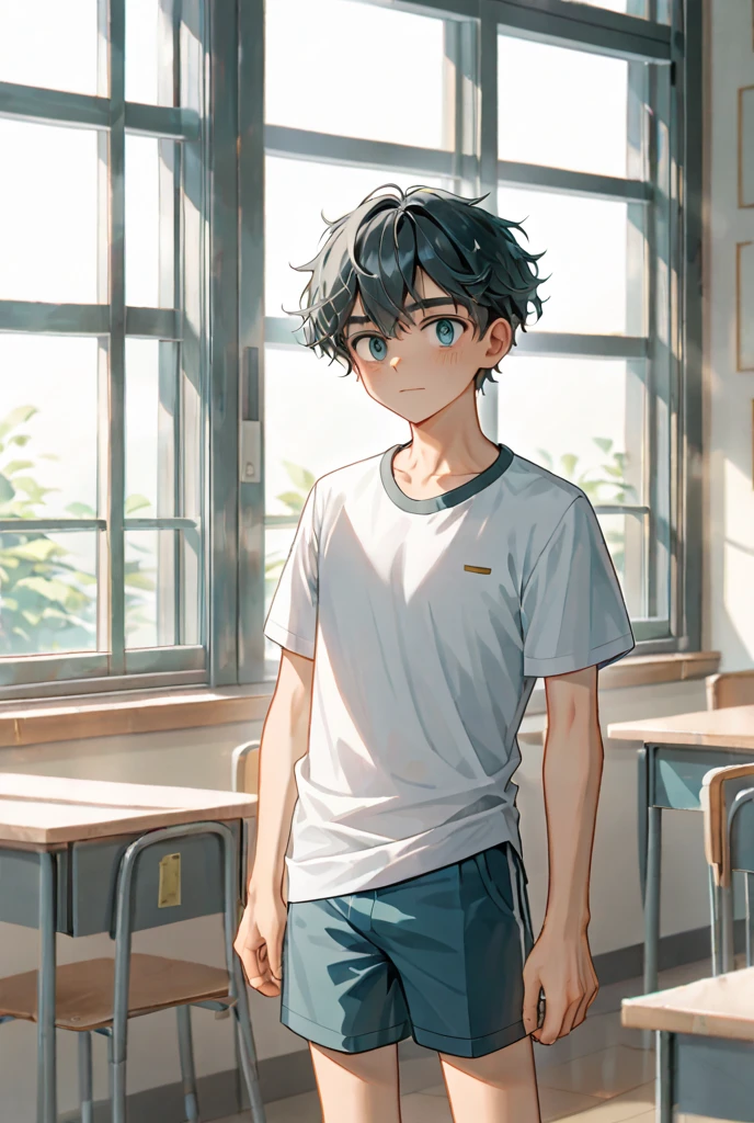 A elementary boy anime-style with short messy black hair and large ...