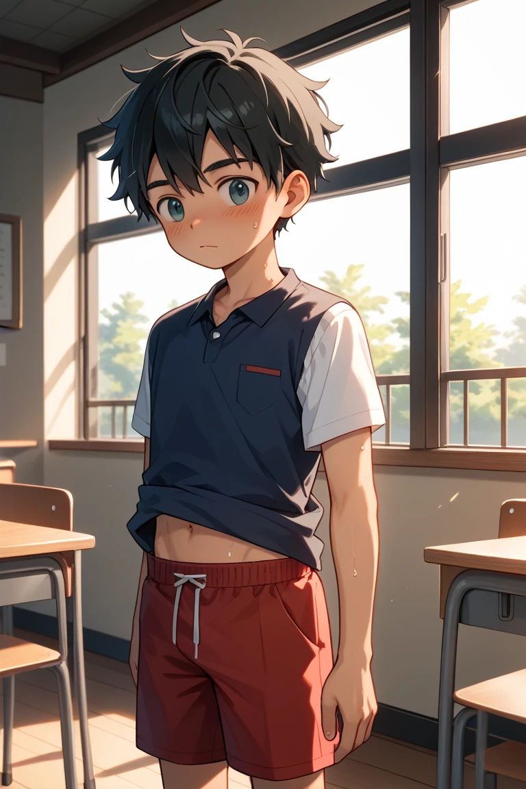 A elementary boy anime-style with short messy black hair and large ...
