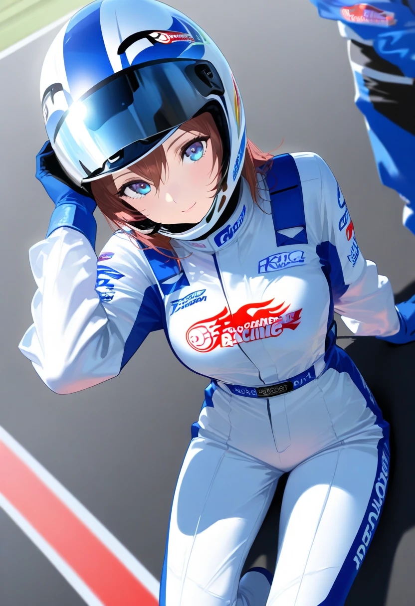 Beautiful woman in full face helmet,racing suit from above, racing ...