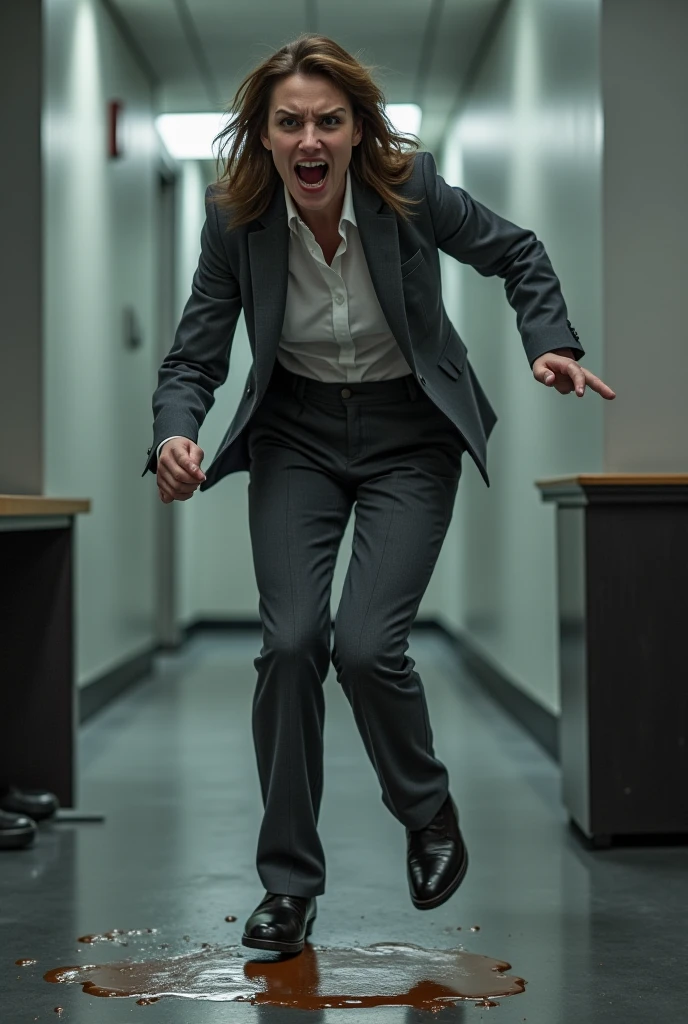 A business woman wetting her crotch gray pants in fear - SeaArt AI