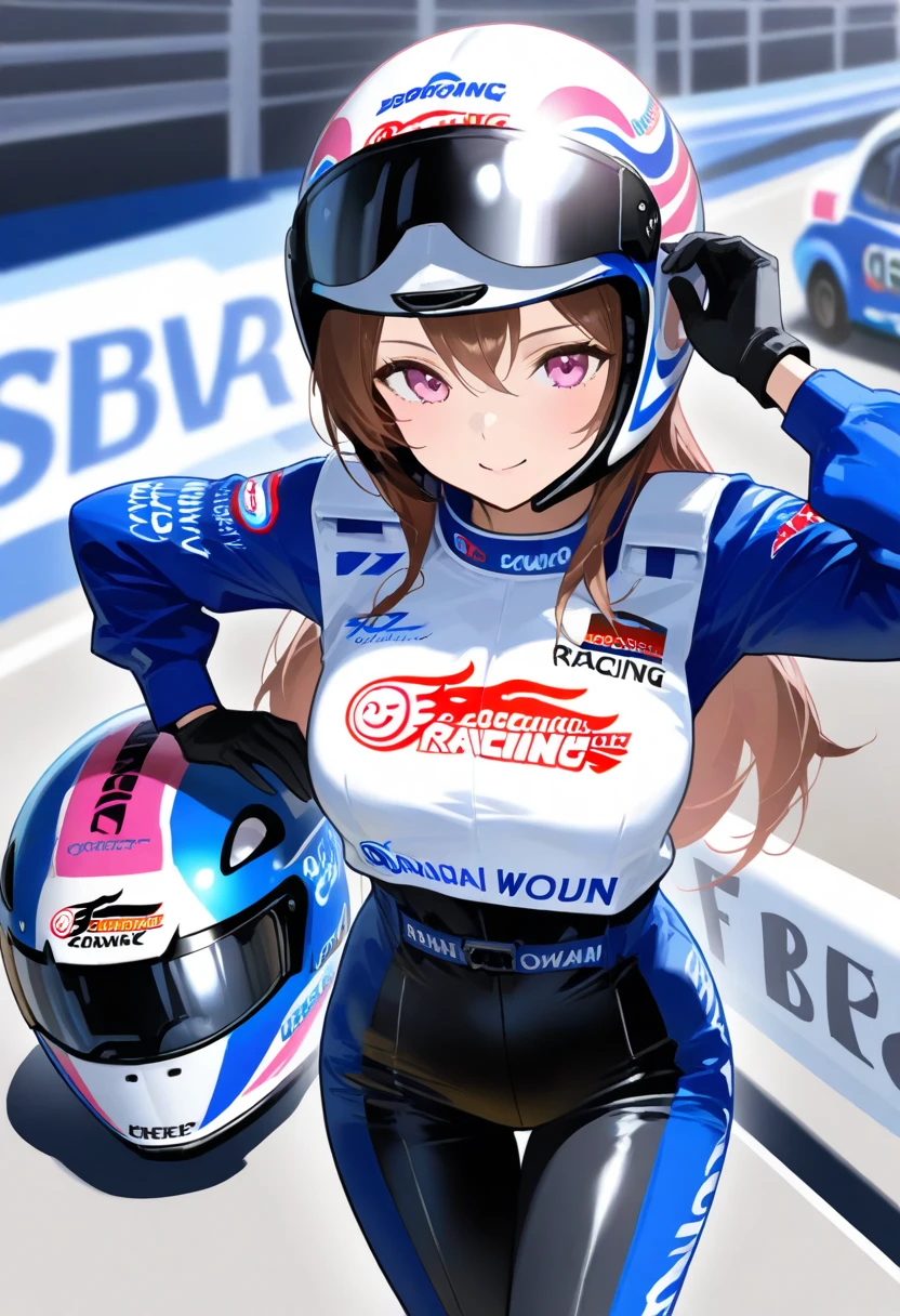 Cute girl,racing suit from above, racing driver ,During the race ...