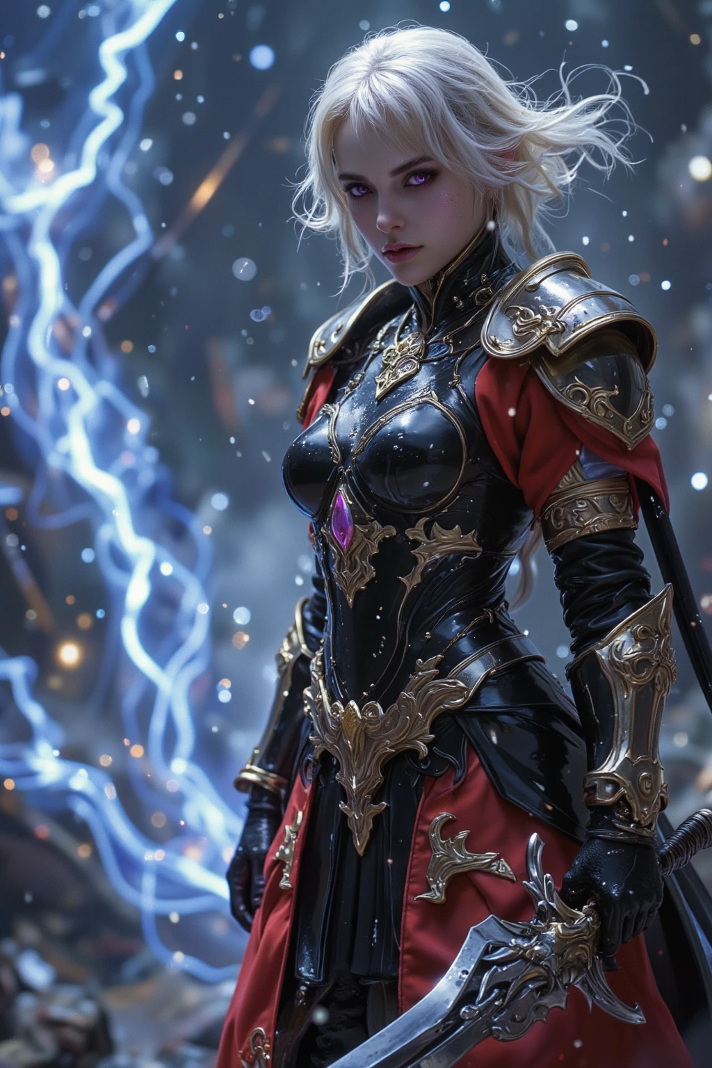 The aggressive and steadfast female warrior stands amidst the snowy ...