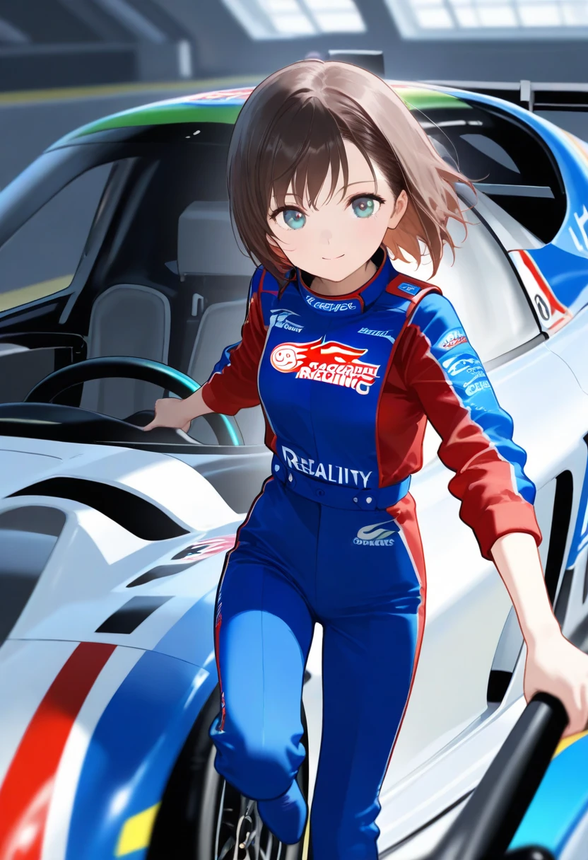 Cute girl,racing suit from above, racing driver ,Inside a racing car ...