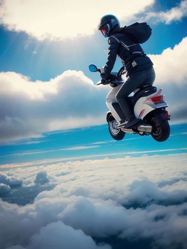scooter, flying in the sky, riding above the clouds, full view, fun ...