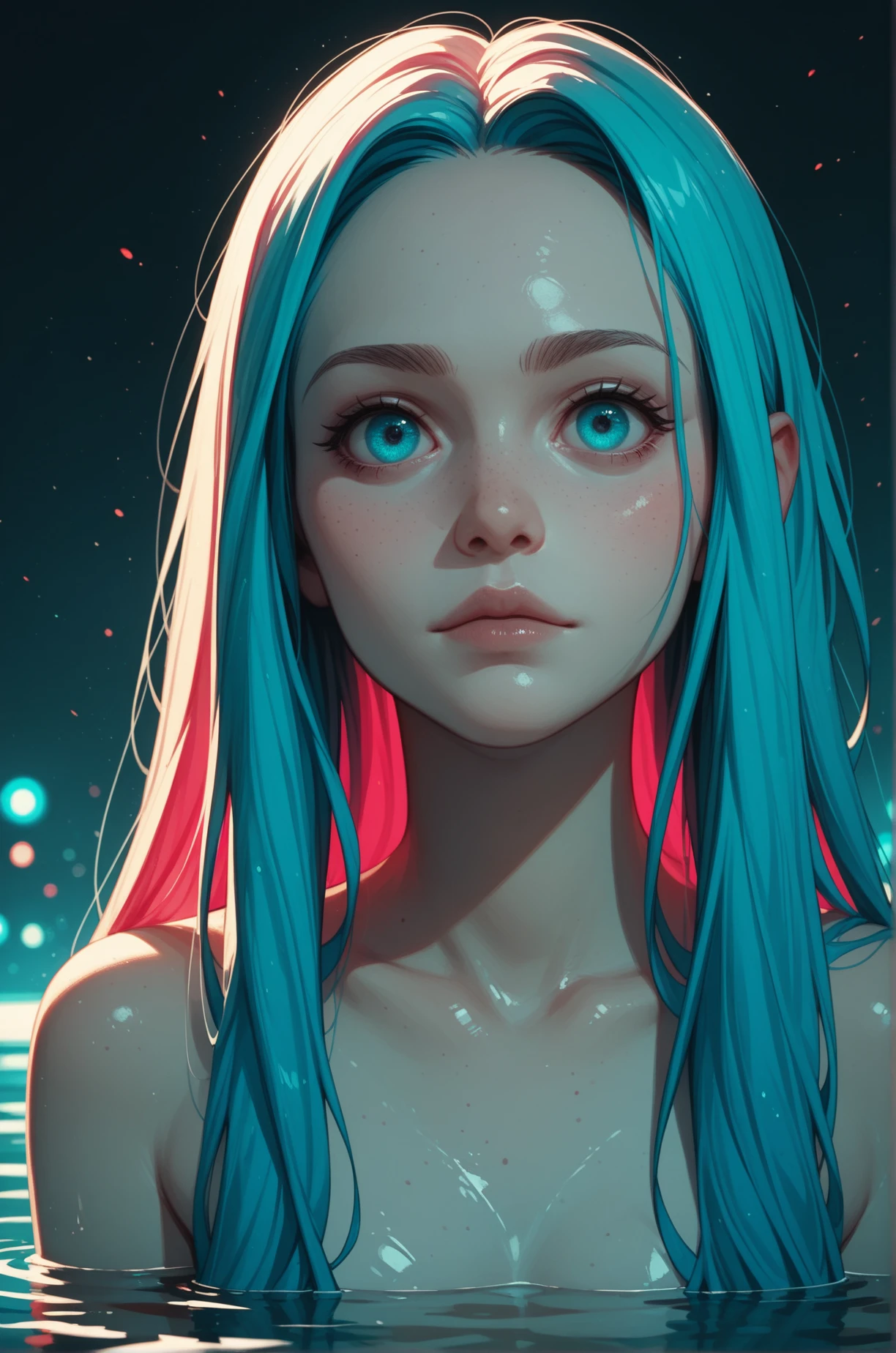 1girl, round face, long hair, neon hair, emerging from the reflective ...