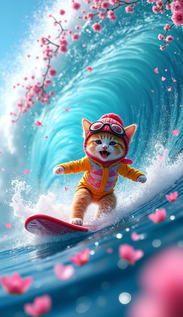 “A cute kitten surfing on a massive wave made of cherry blossom petals ...