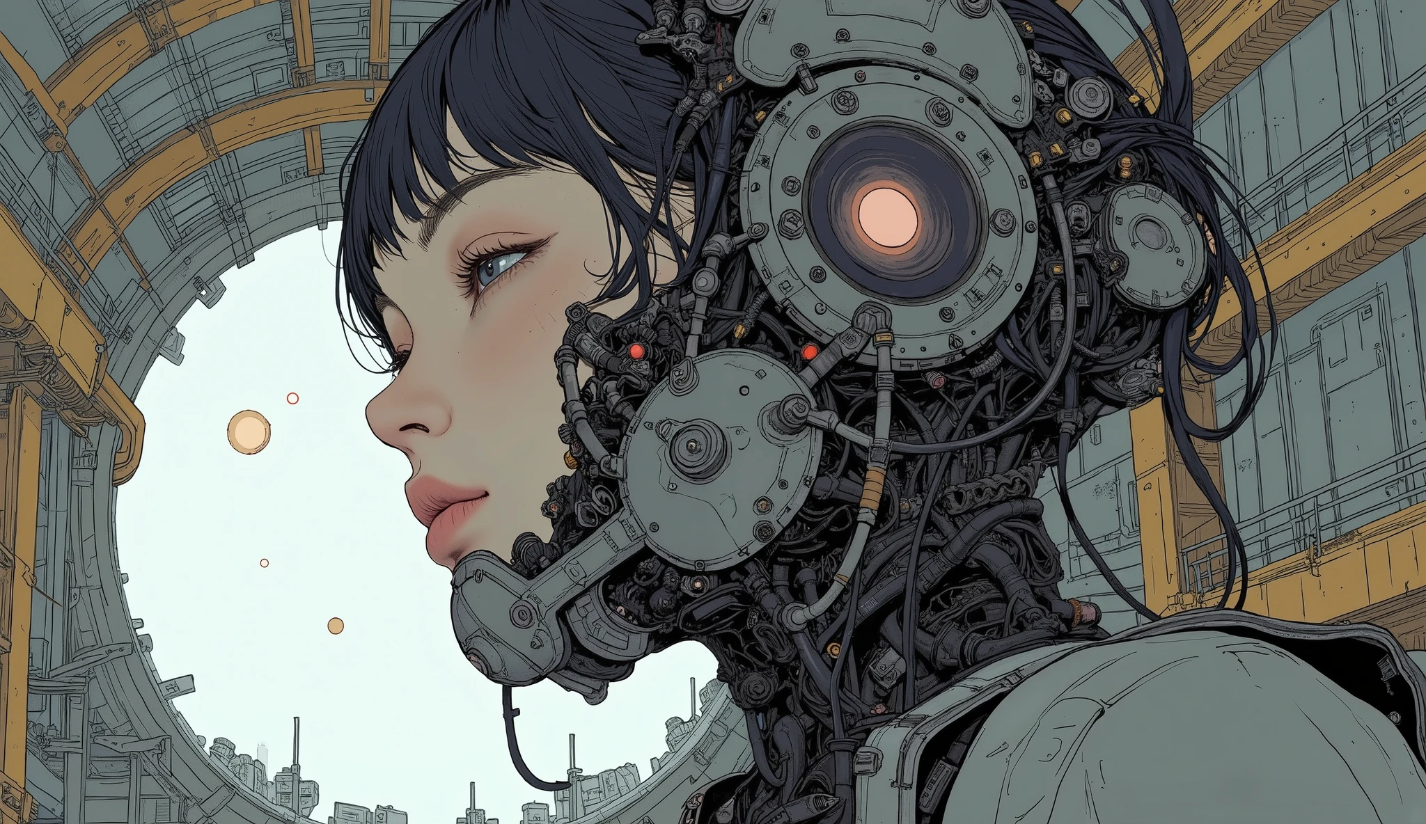 Anime girl with headphones and a futuristic face in a building - SeaArt AI