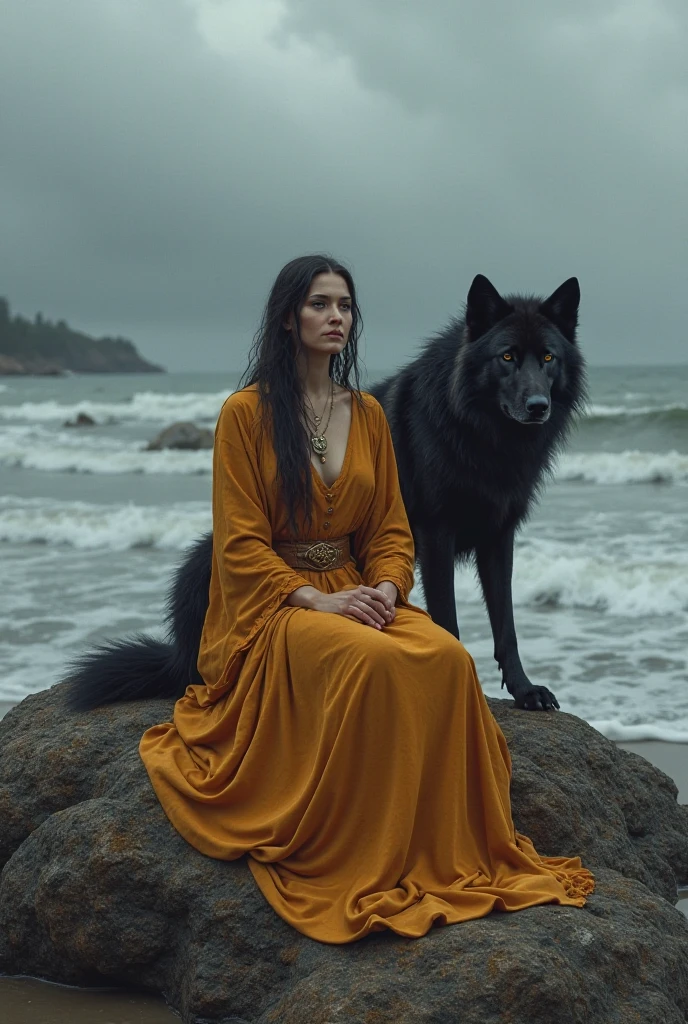 The goddess Hekate dressed in a saffron robe sitting on a rock on the ...