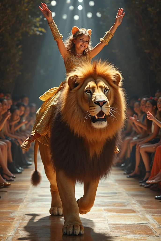 An adorable dressed in a detailed lion cosplay is riding a majestic ...