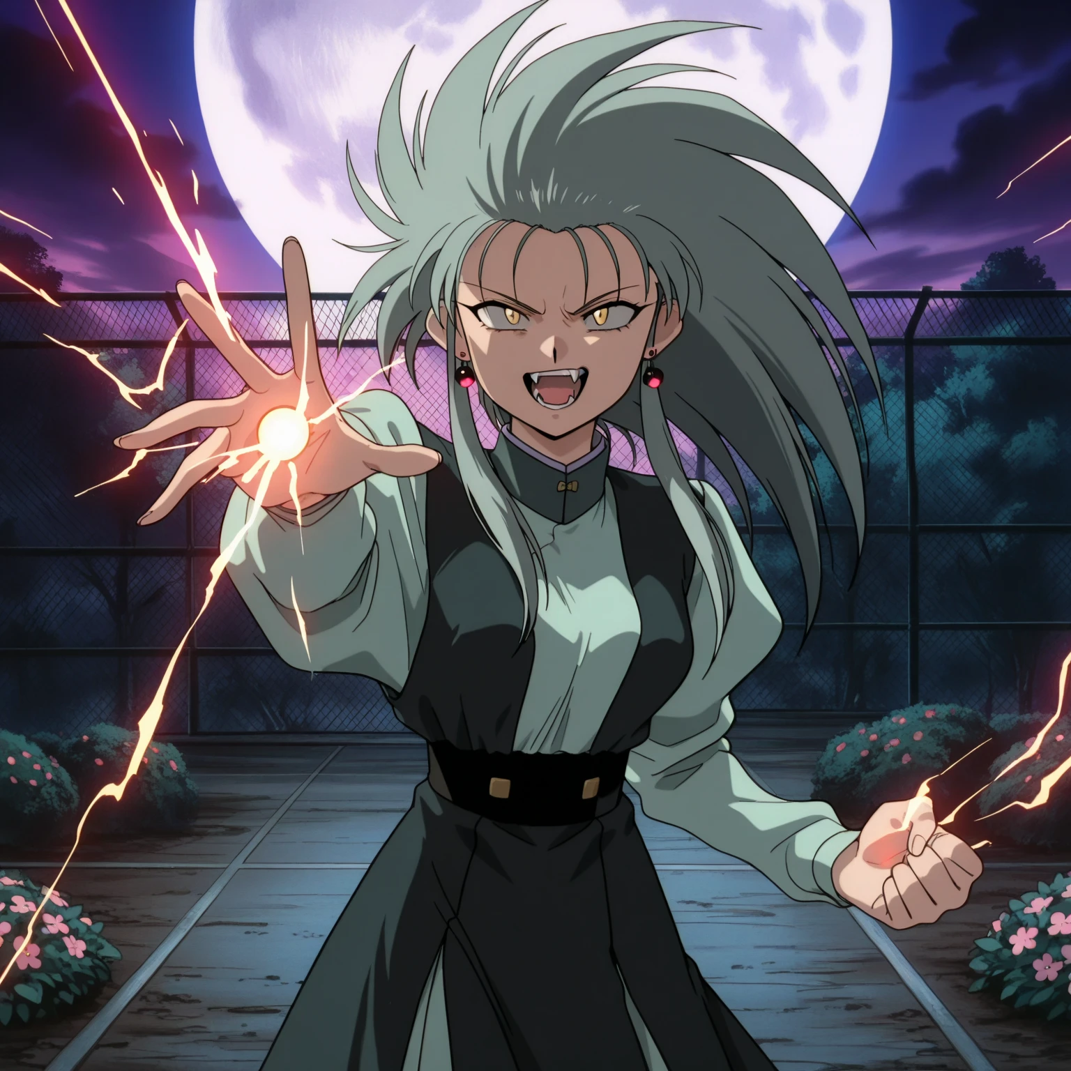 Ry0, 1girl, solo, spiked hair, yellow eyes, long hair, earrings - SeaArt AI