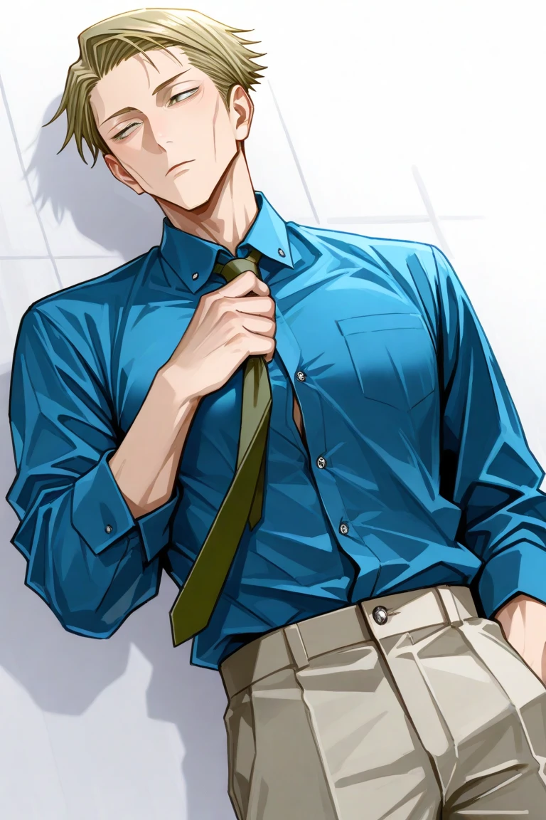 Nanami kento from jujutsu kaisen adjusting his tie wearing a blue ...
